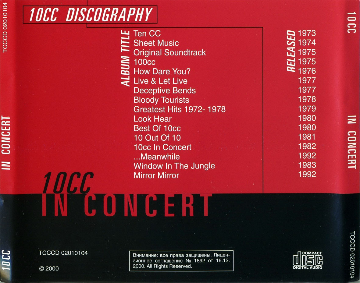10cc In Concert : Back | CD Covers | Cover Century | Over 1.000.000 ...